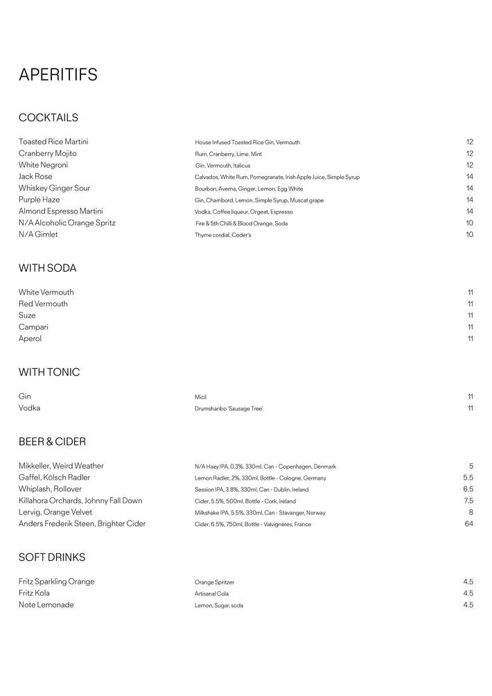 Menus – Note Dublin